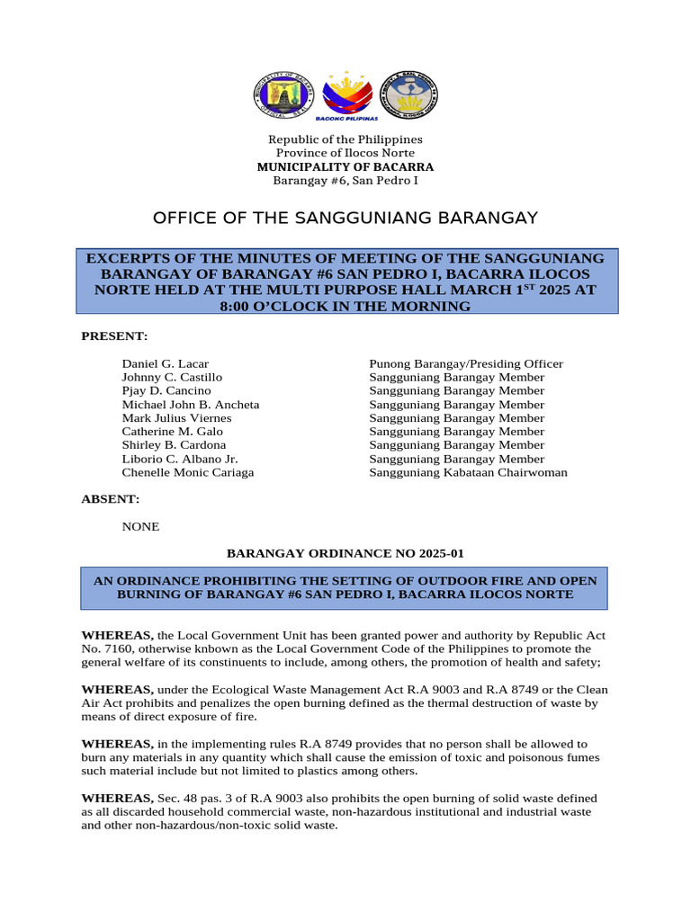 Barangay Ordinance Against Open Burning | PDF | Waste | Municipal Solid Waste