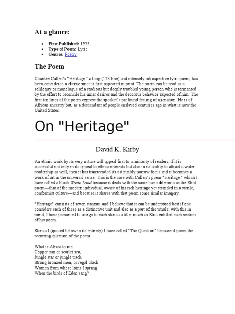 Countee Cullen's "Heritage" Analysis | PDF | Poetry | Paganism