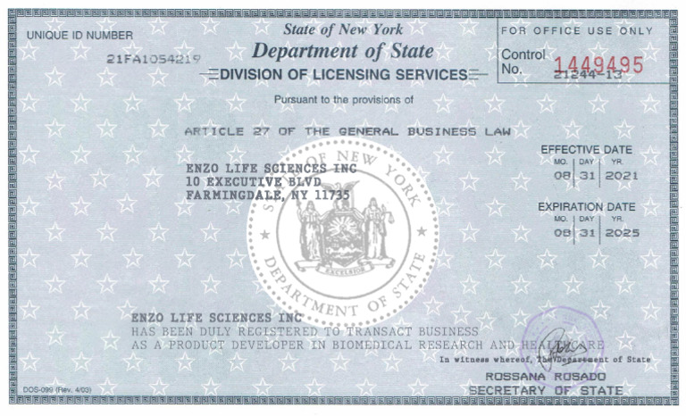Enzo Life Sciences Inc-Business License | PDF