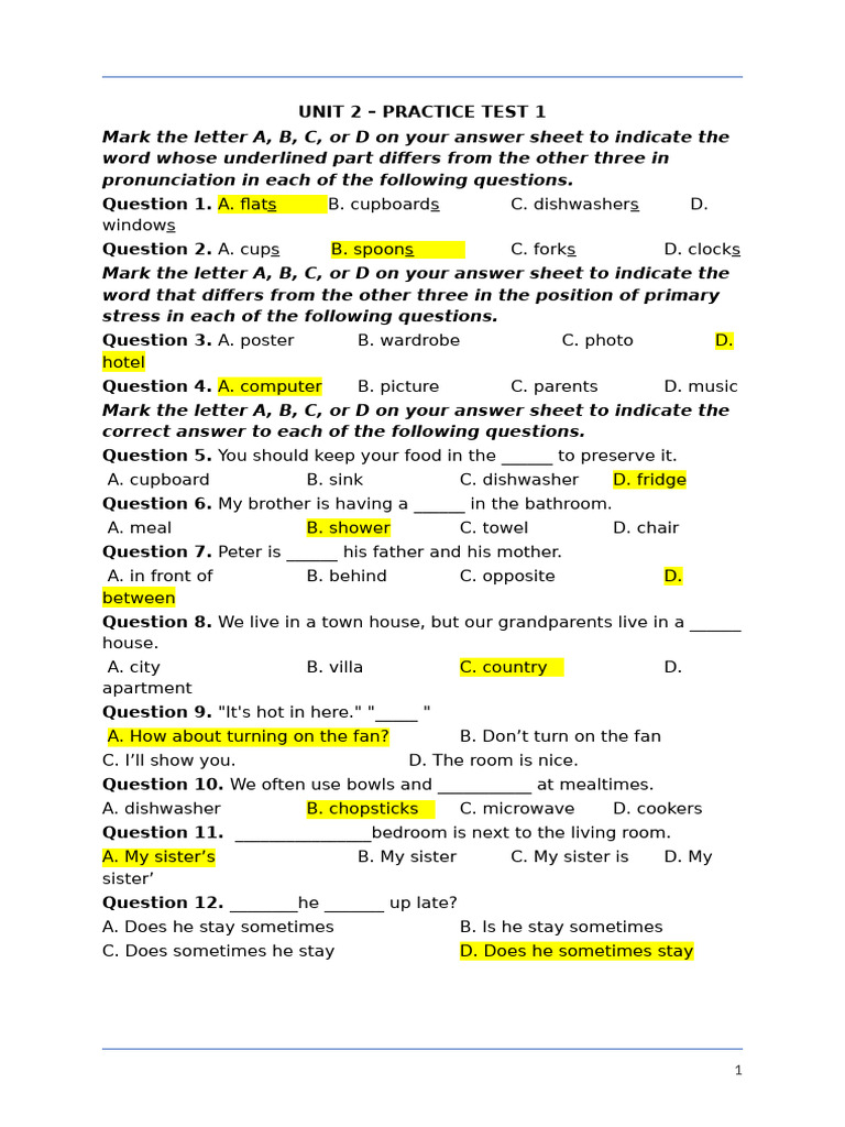 Unit 2 Practice Test 1 Key Pdf Home