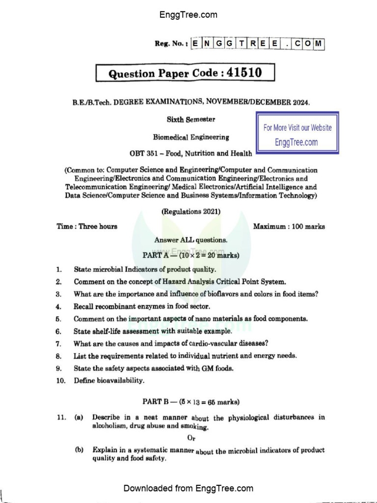 OBT351 Food Nutrition and Health Nov Dec 2024 Question Paper Download | PDF
