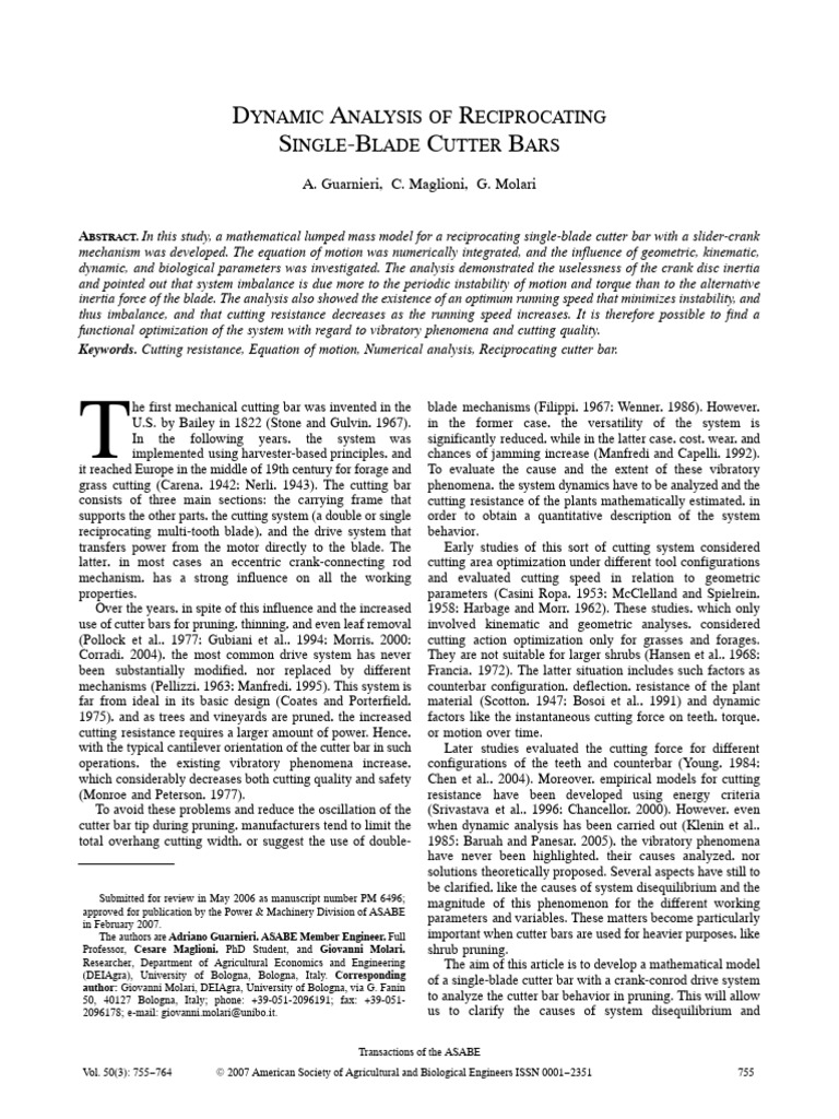 DYNAMIC ANALYSIS OF RECIPROCATING Single Blade Cutter Bars | PDF ...