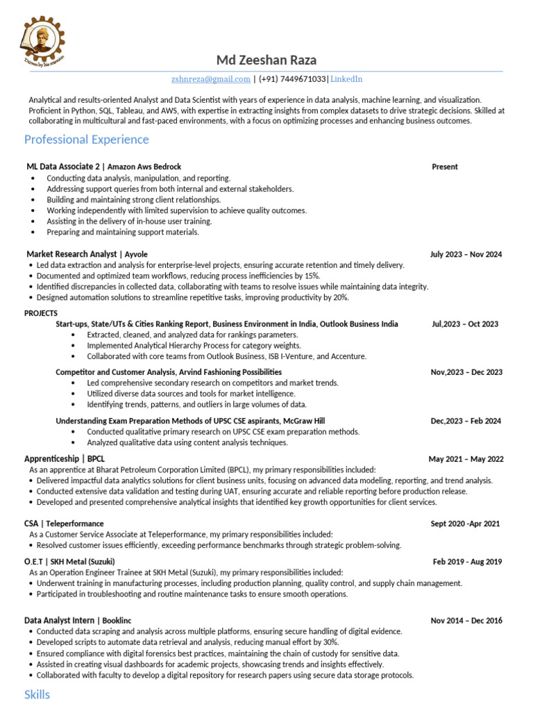 MD Zeeshan Raza Resume | PDF | Data | Data Science