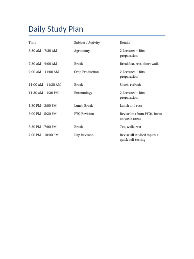 Daily Study Schedule for Agronomy Students | PDF
