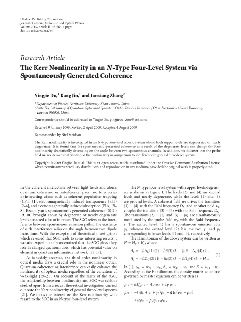 The Kerr Nonlinearity in An N-Type Four-Level Syst | PDF | Nonlinear ...
