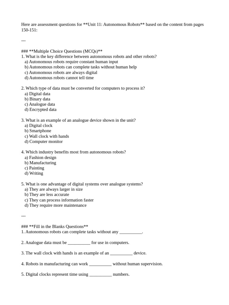 Unit 11 Questions and Answers | PDF | Robot | Robotics
