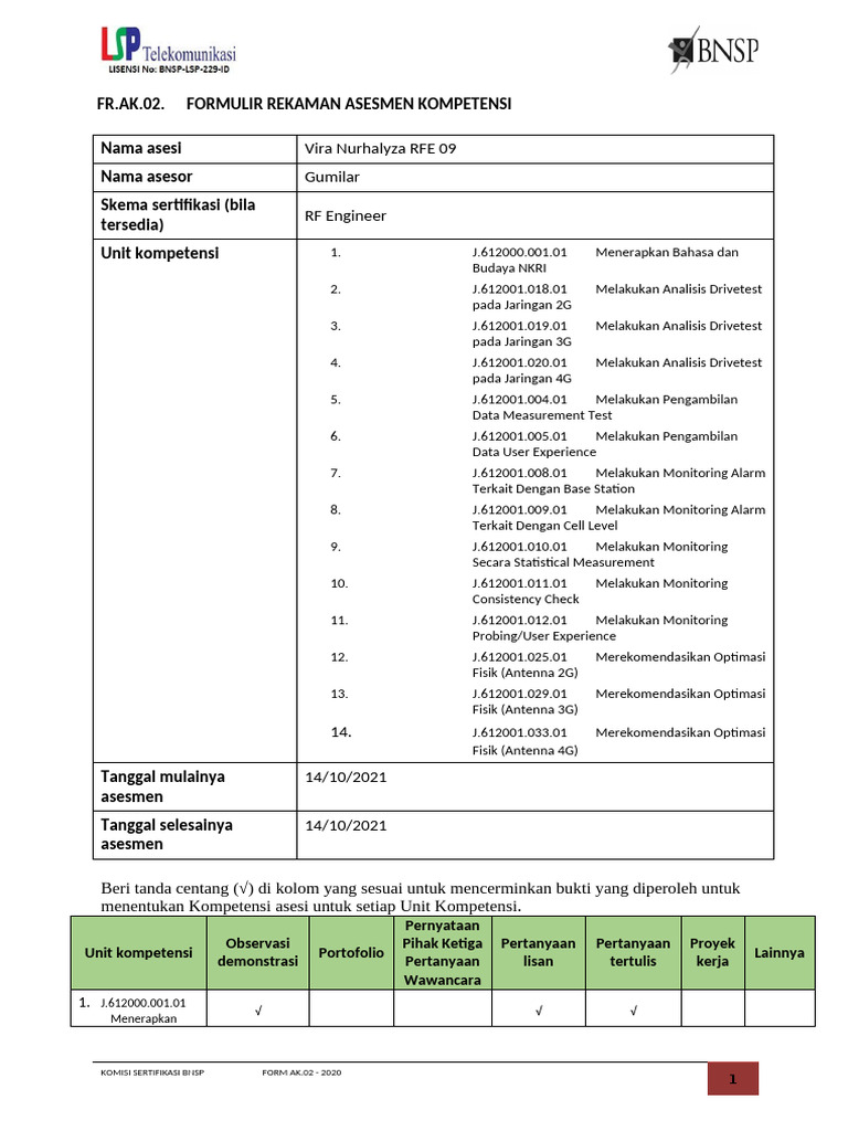 FR - Ak.02. Formulir Rekaman Asesmen Kompetensi | PDF