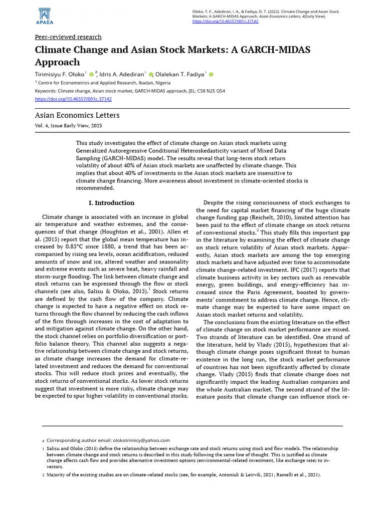 Climate Change and Asian Stock Markets A GARCH-MIDAS Approach | PDF | Climate Change | Stock Market