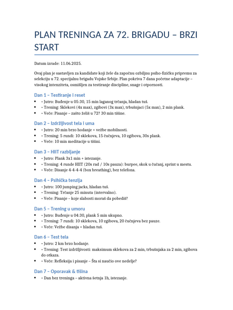 Brzi Plan Treninga 72 Brigada | PDF