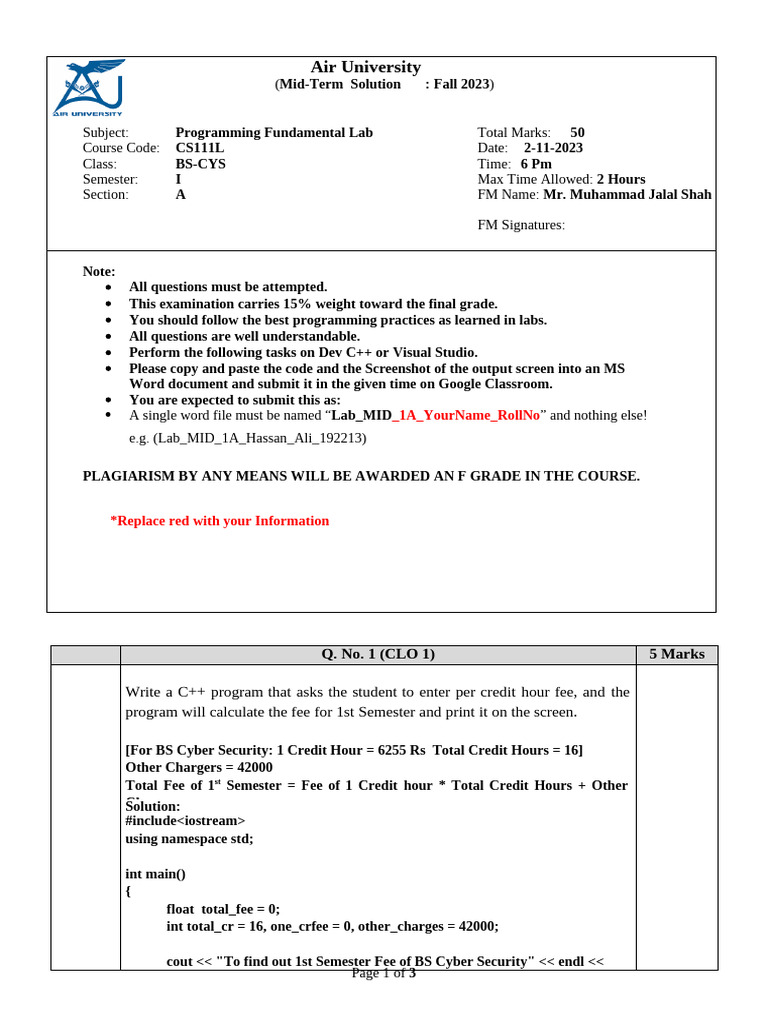 Solution Script of PF Lab Midterm Exam - Sec-A1 | PDF | Course Credit | Educational Stages