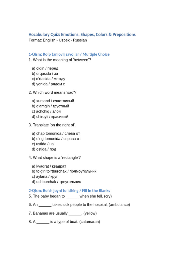 Vocabulary Quiz With Answer Key | PDF