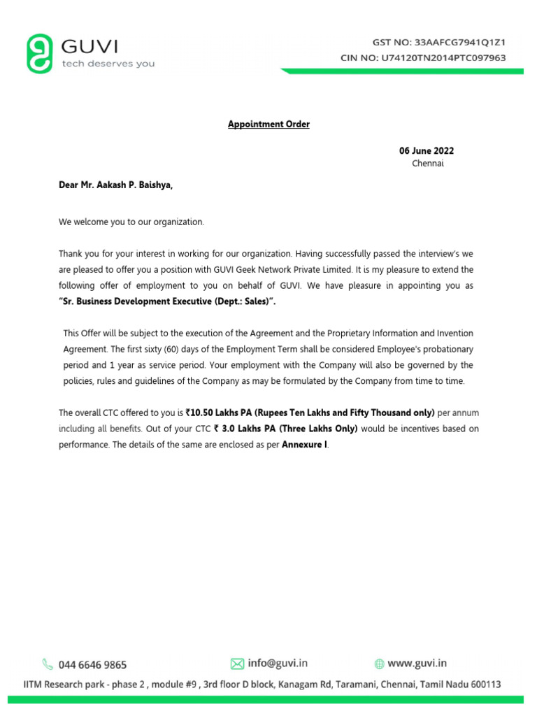 Appointment Order - Aakash P Baishya - Sr. BDE - Sales | PDF ...