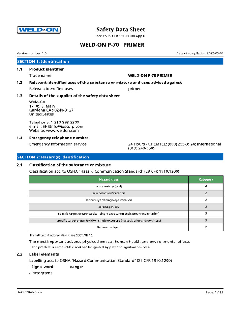 Safety Data Sheet - Weld-On P-70 Primer | PDF