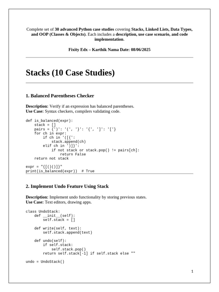 Complete Set of 30 Advanced Python Case Studies Covering Stacks | PDF | Software Development ...