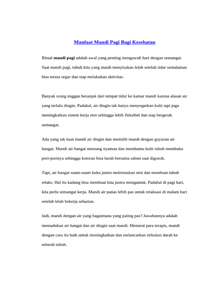 Manfaat Mandi Pagi Bagi Kesehatan | PDF