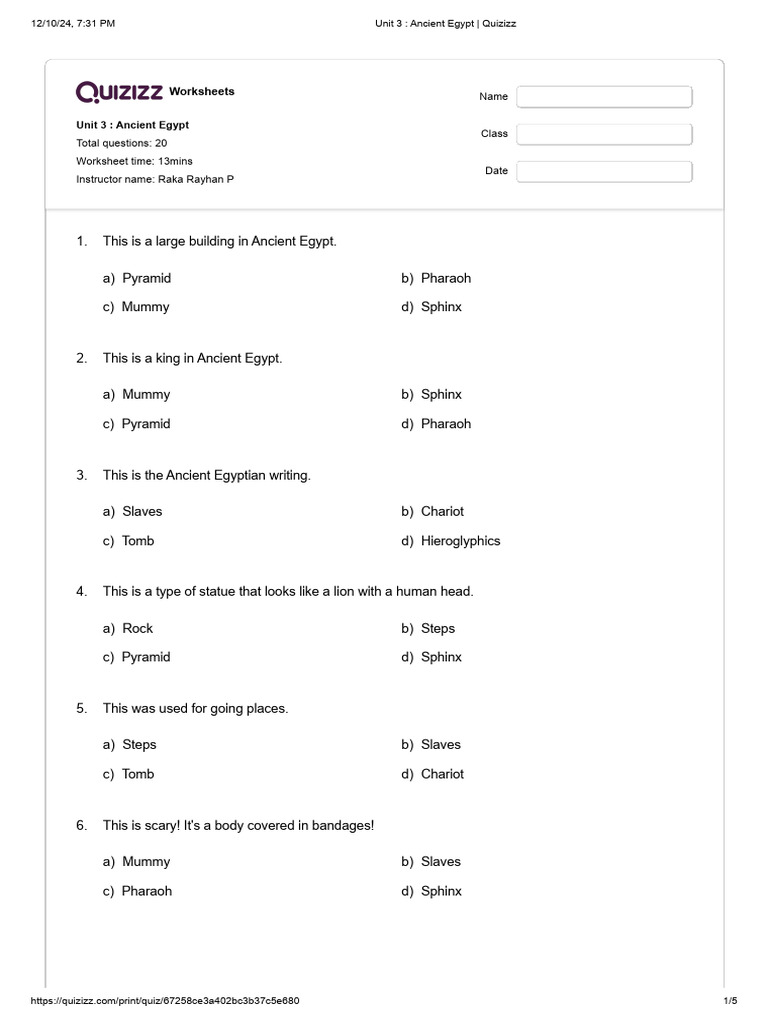Unit 3 - Ancient Egypt - Quizizz | PDF | Ancient Egypt | Egyptian Pyramids