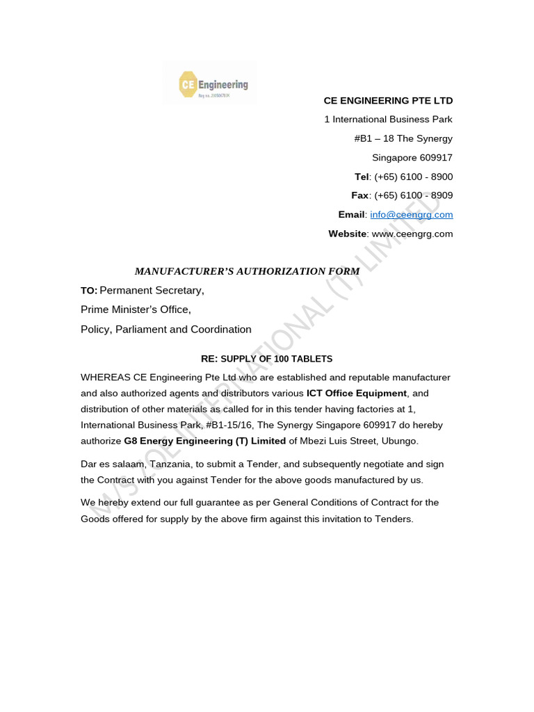 Manucturer Authorization Form Ict Dawasa | PDF