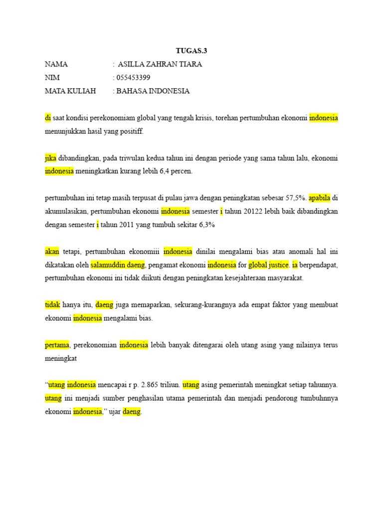 Tugas.3 Bahasa Indonesia - Asilla Zahran Tiara - 055453399 | PDF