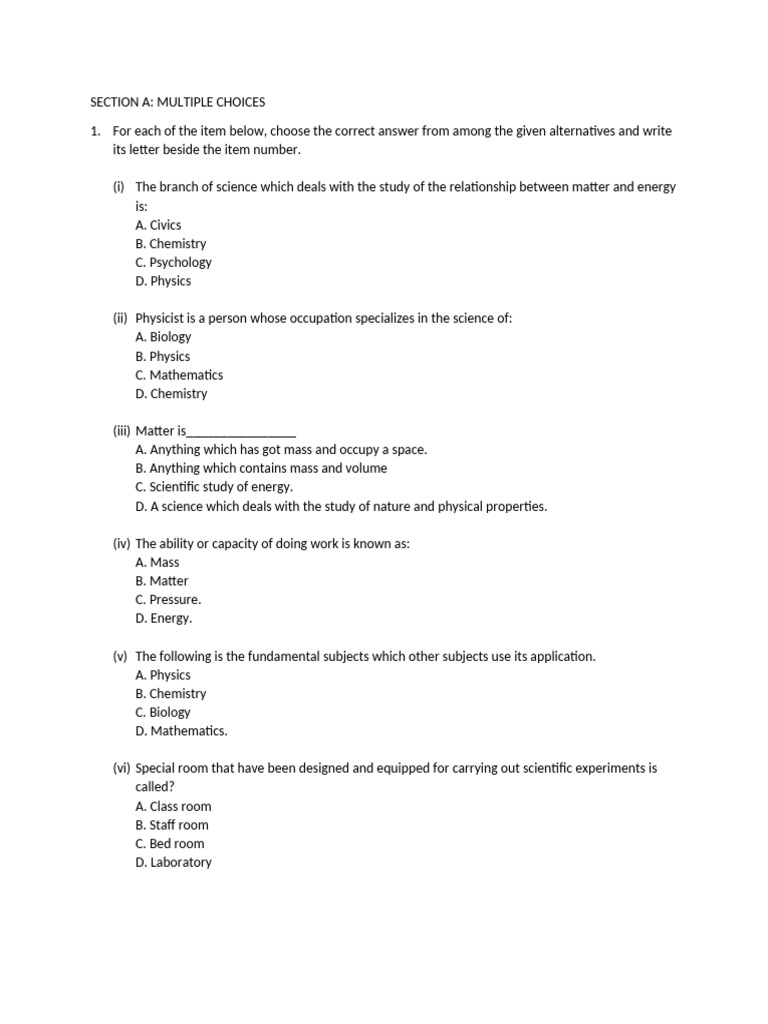 Physics Form One Topical Examinations | PDF | Laboratories | Matter