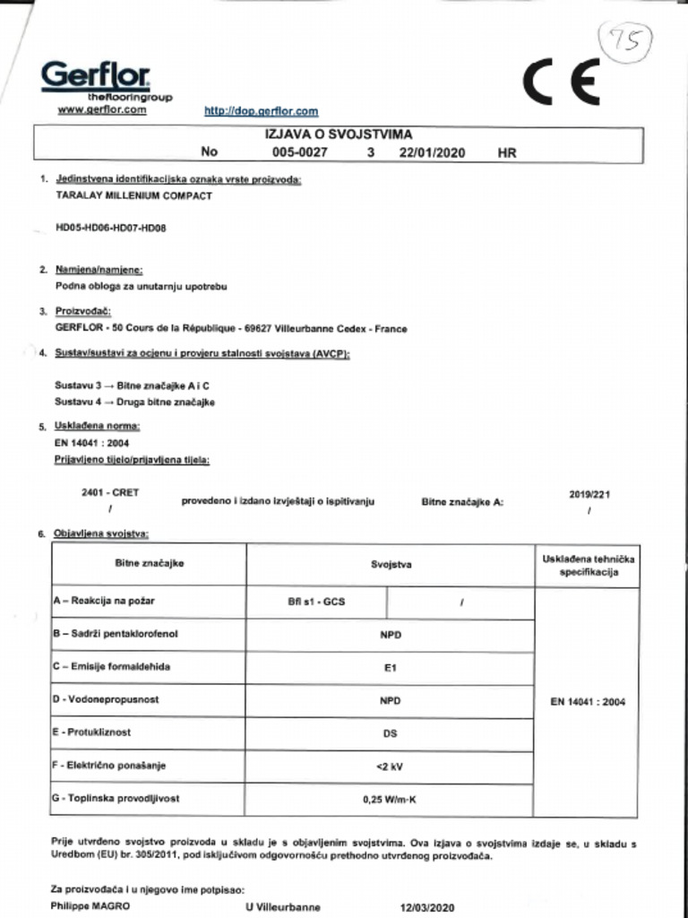 Izjava o Svojstvima - Podna Obloga Za Unutarnju Upotrebu | PDF