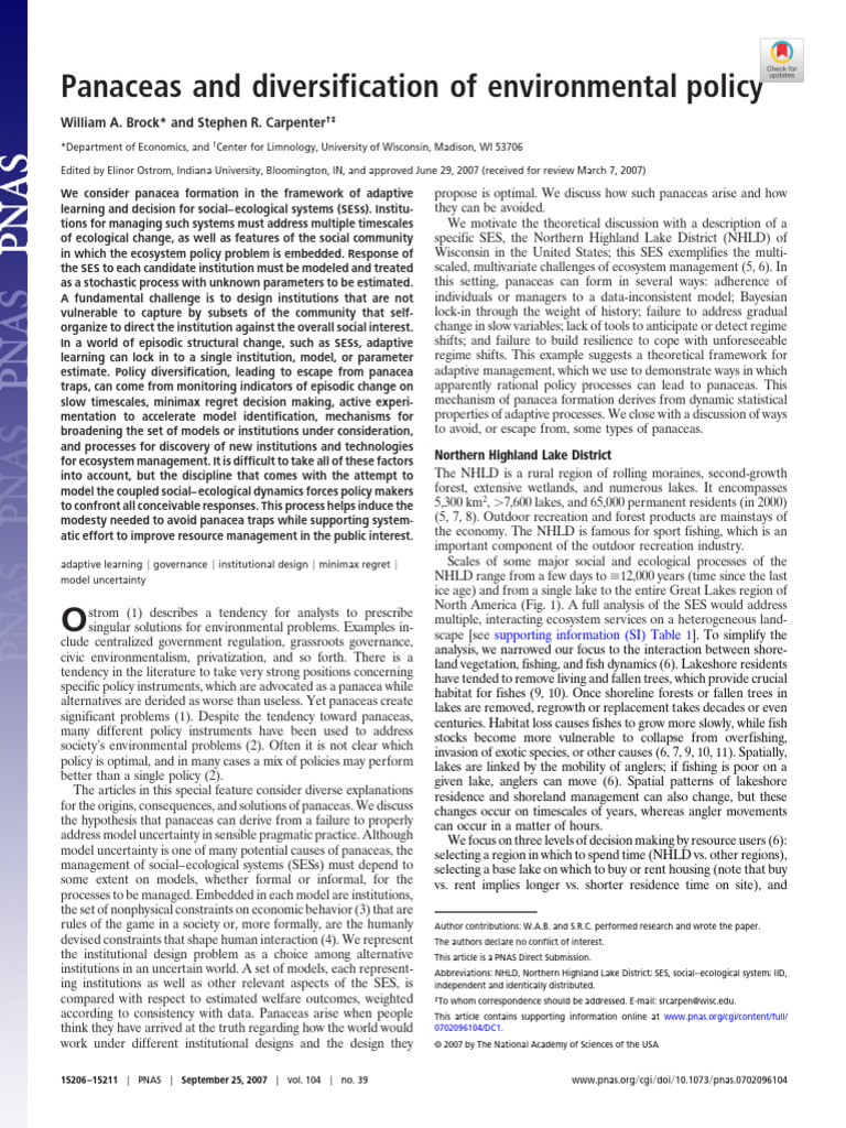 Brock Carpenter Panaceas and Diversification of Environmental Policy ...