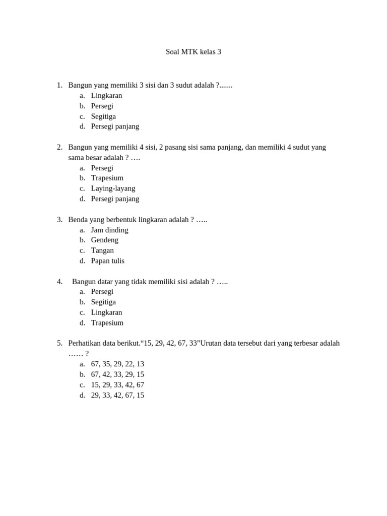 Soal MTK Kelas 3 | PDF