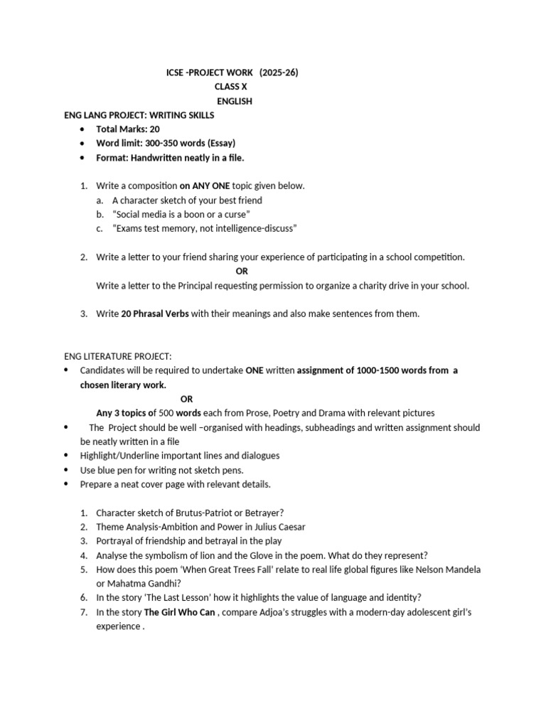 Class 10 English Project Guidelines 2025-26 | PDF