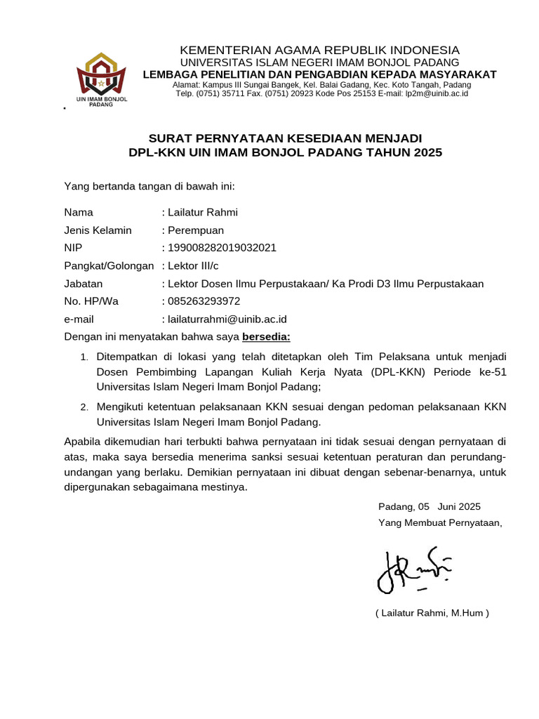 Surat Pernyataan DPL | PDF