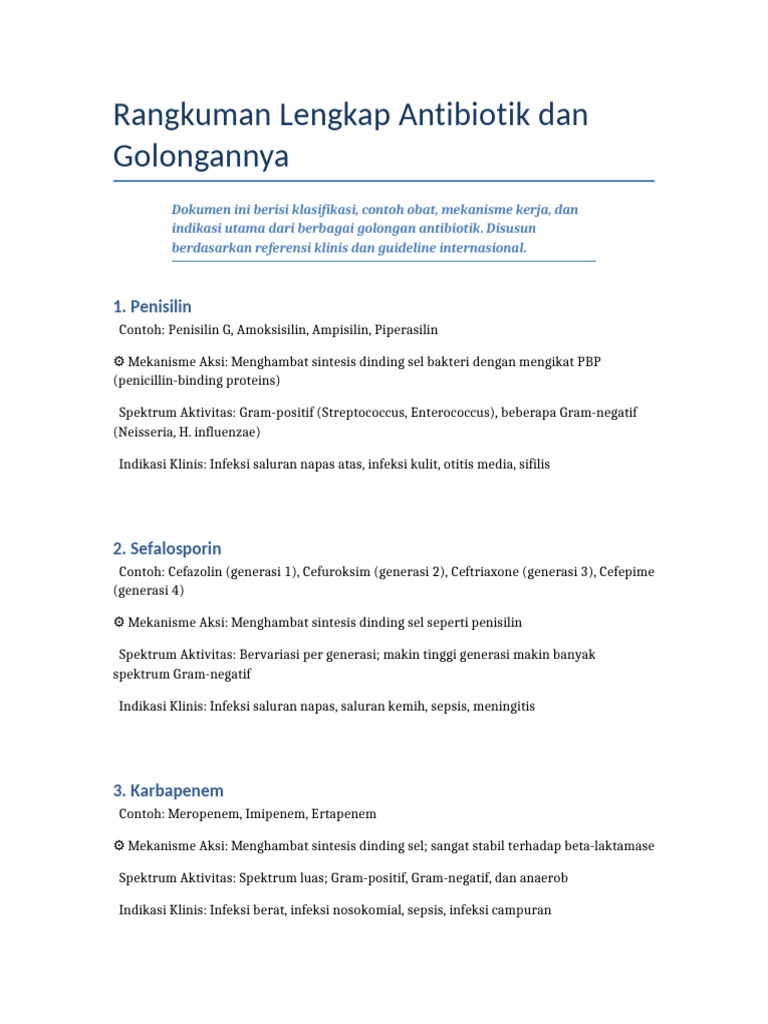 Klasifikasi dan Contoh Antibiotik | PDF