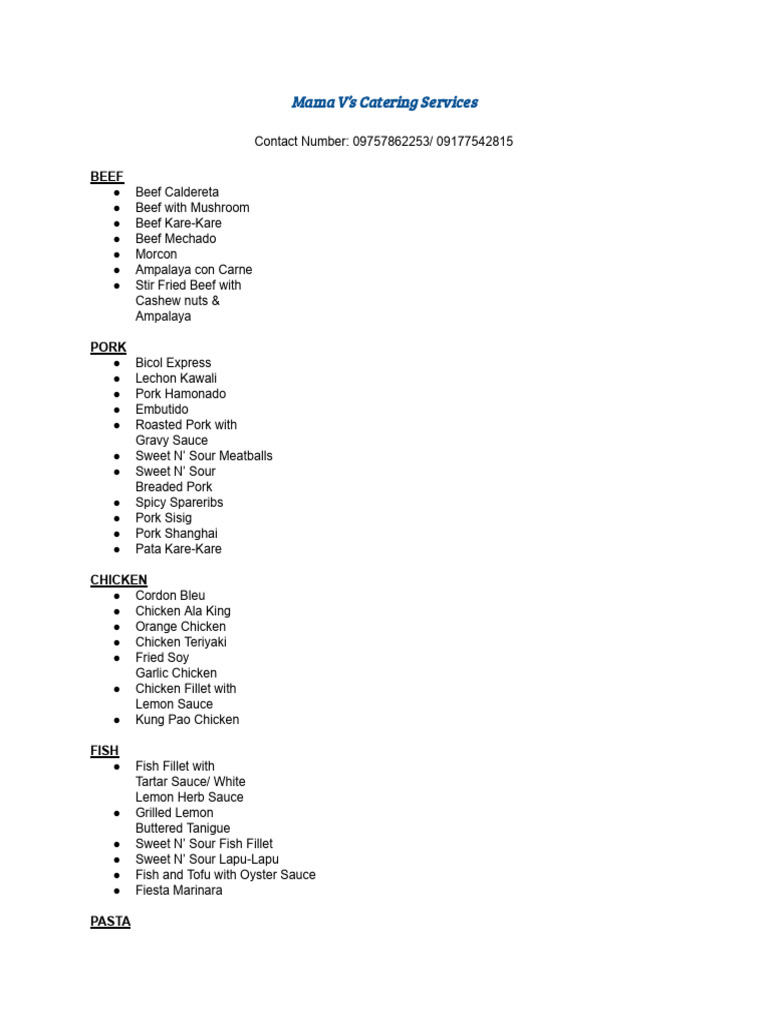 Mama V's Birthday Buffet Menu | PDF