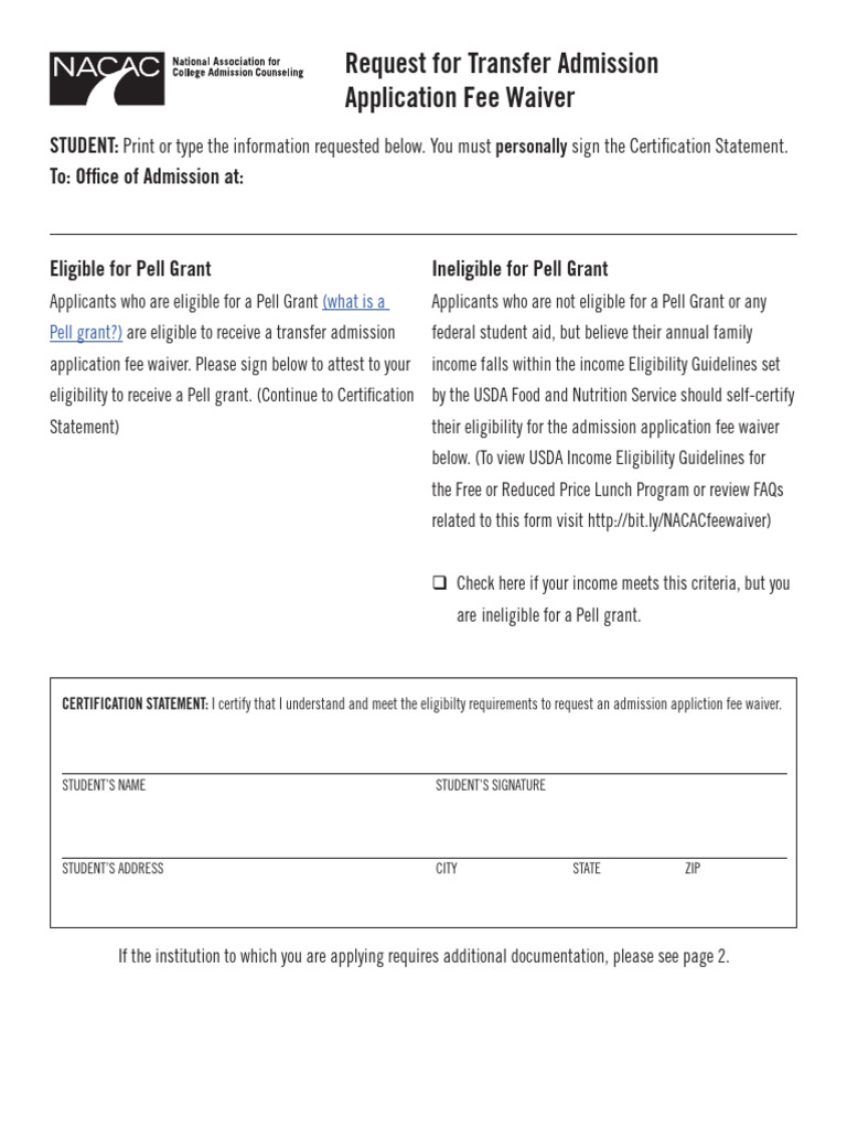Na Cac Transfer Waiver Form 2014 | PDF | Pell Grant | Student Financial ...