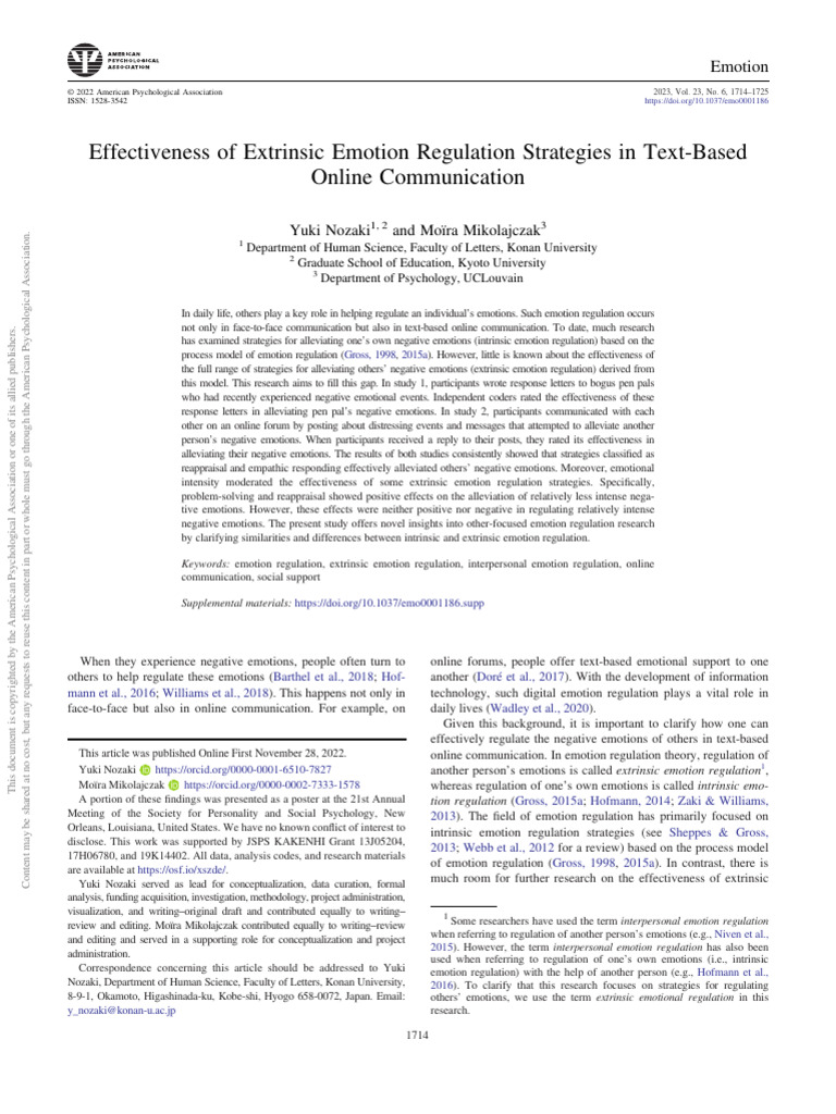 Extrinsic Emotion Regulation Online Strategies | PDF | Emotional Self ...