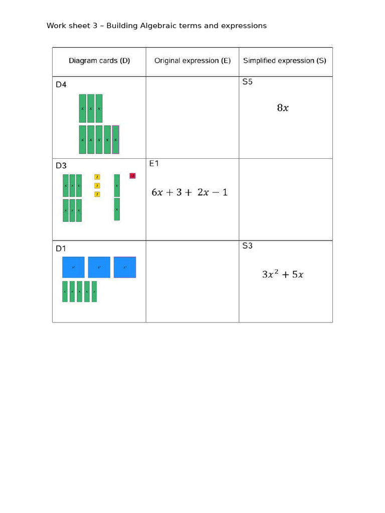 Worksheet 3 - Building Algeabric Terms and Expressions | PDF