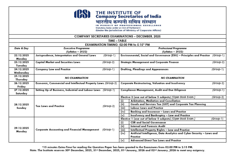 CS December 2025 Exam Timetable | PDF | Business | Corporations