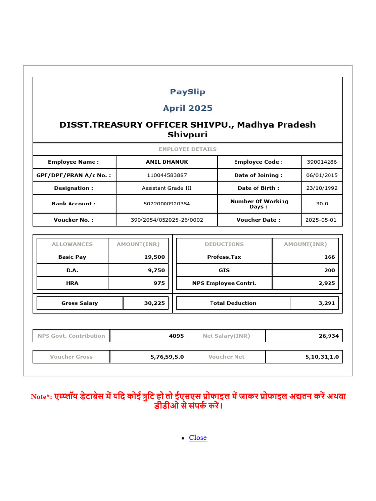April 2025 Pay Slip for Anil Dhanuk | PDF