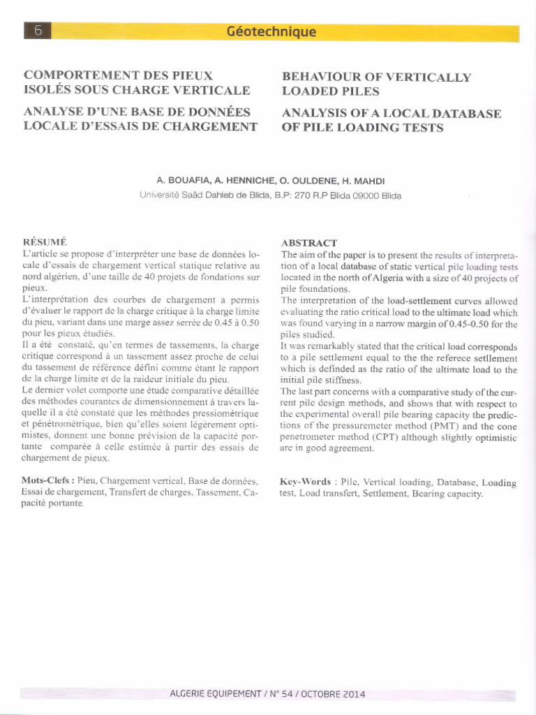 Comportement Des Pieux Isolés Sous Charge Verticale - Analyse d’Une Base de Données Locales d ...