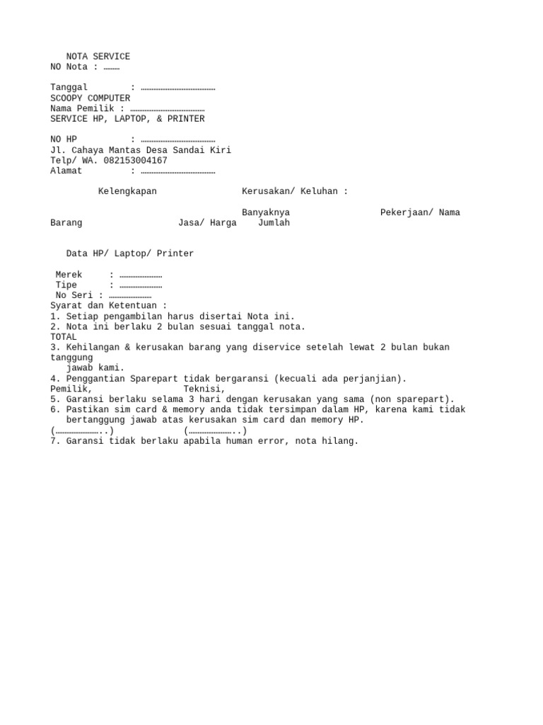 Nota Service untuk HP dan Laptop | PDF