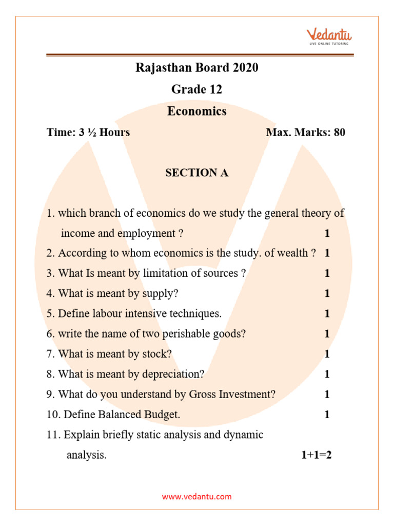 RBSE Class 12 Economics Question Paper 2020 | PDF | Economics | Market ...