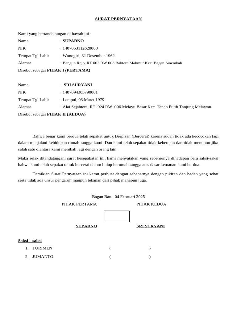 Surat Pernyataan Suparno | PDF