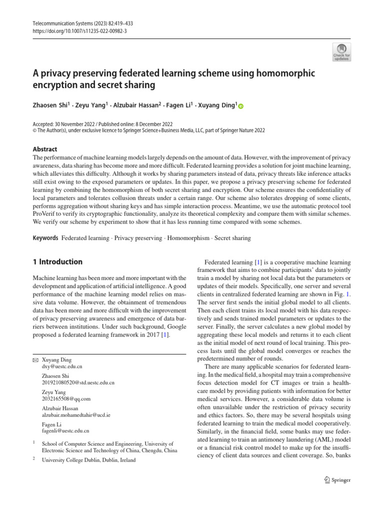 8 A Privacy Preserving Federated Learning Scheme Using Homomorphic | PDF | Encryption | Applied ...