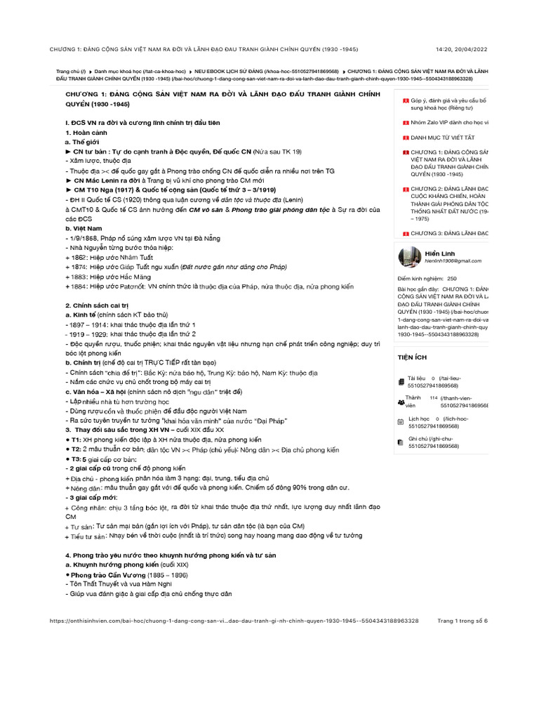 Tom Tat Chuong 1 Lich Su Dang Cong San Viet Nam Dai Hoc Kinh Te Quoc D 80201 | PDF