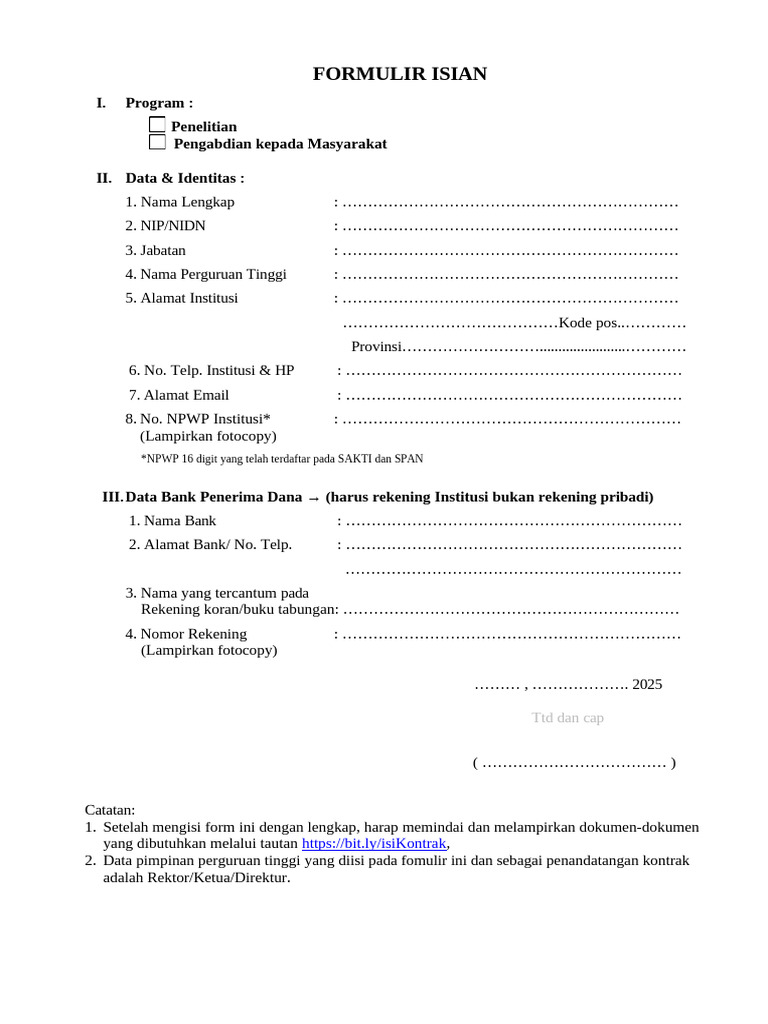 Borang Isian Kontrak Program Penelitian Dan Pengabdian Tahun Anggaran 2025 PTS | PDF
