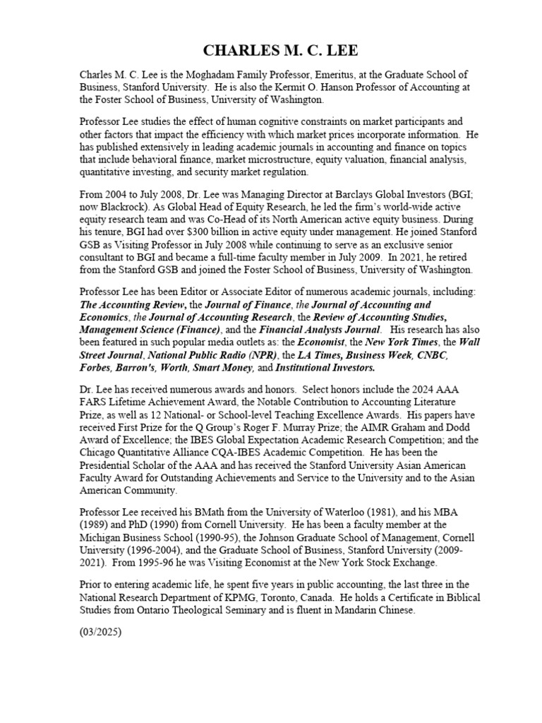 Lee CV 2025 Mar (Stanford) | PDF | Investing | Financial Economics
