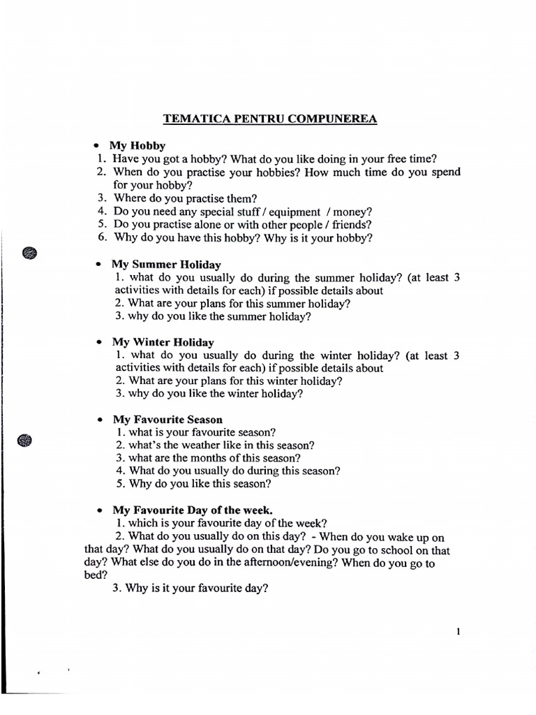 Tematica Si Intrebari Ajutatoare Compuneri | PDF
