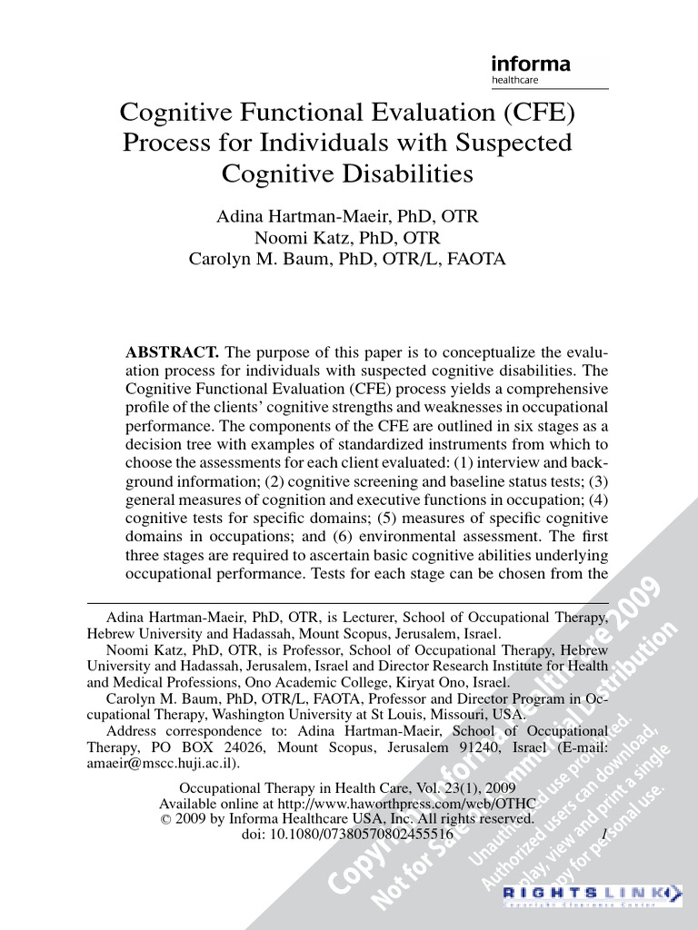 Cognitive Functional Evaluation (CFE) | PDF | Occupational Therapy ...