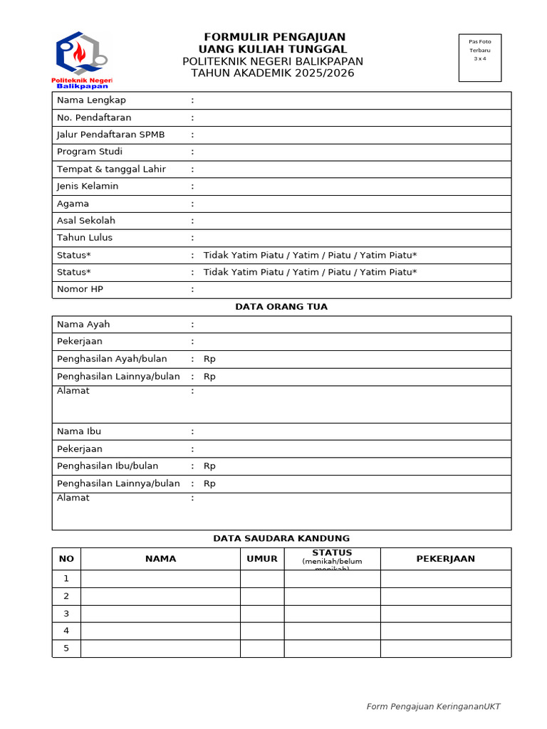 Form Pengajuan UKT 1 | PDF