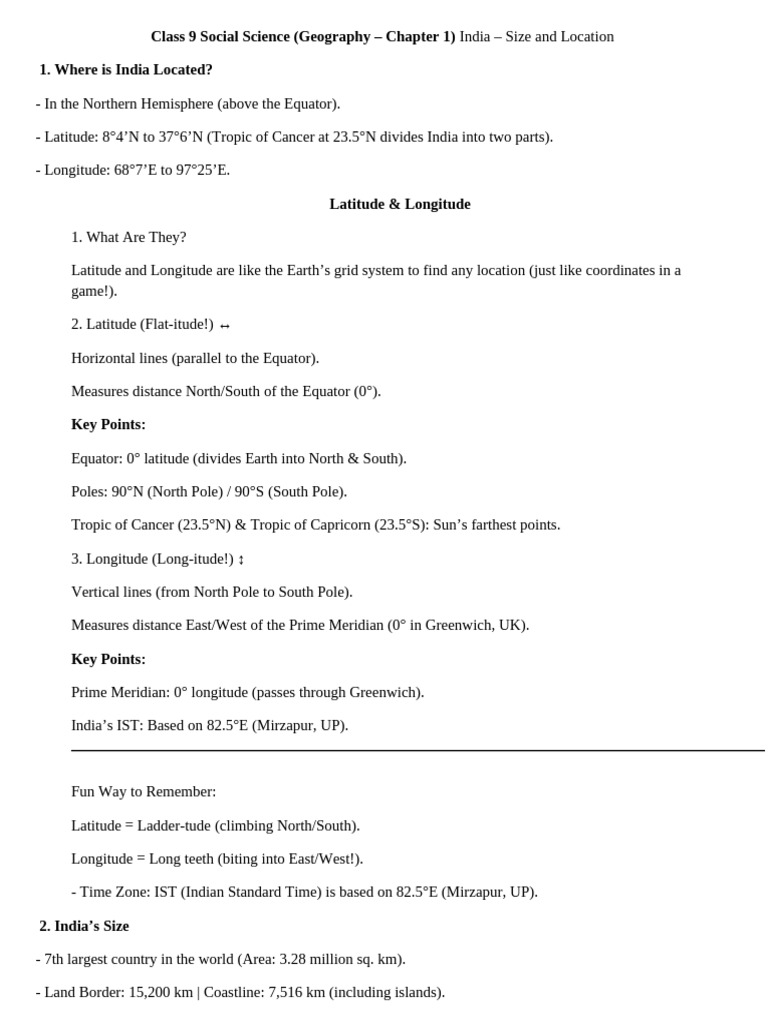 India - Size and Location Notes | PDF | Latitude | Longitude