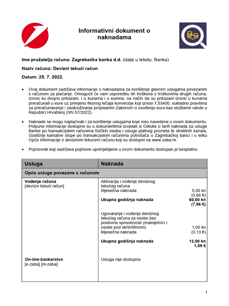 Informativni Dokument o Naknadama Devizni Tekuci Racun Primjena Od 25.07.2022 Sa Dvojnim ...
