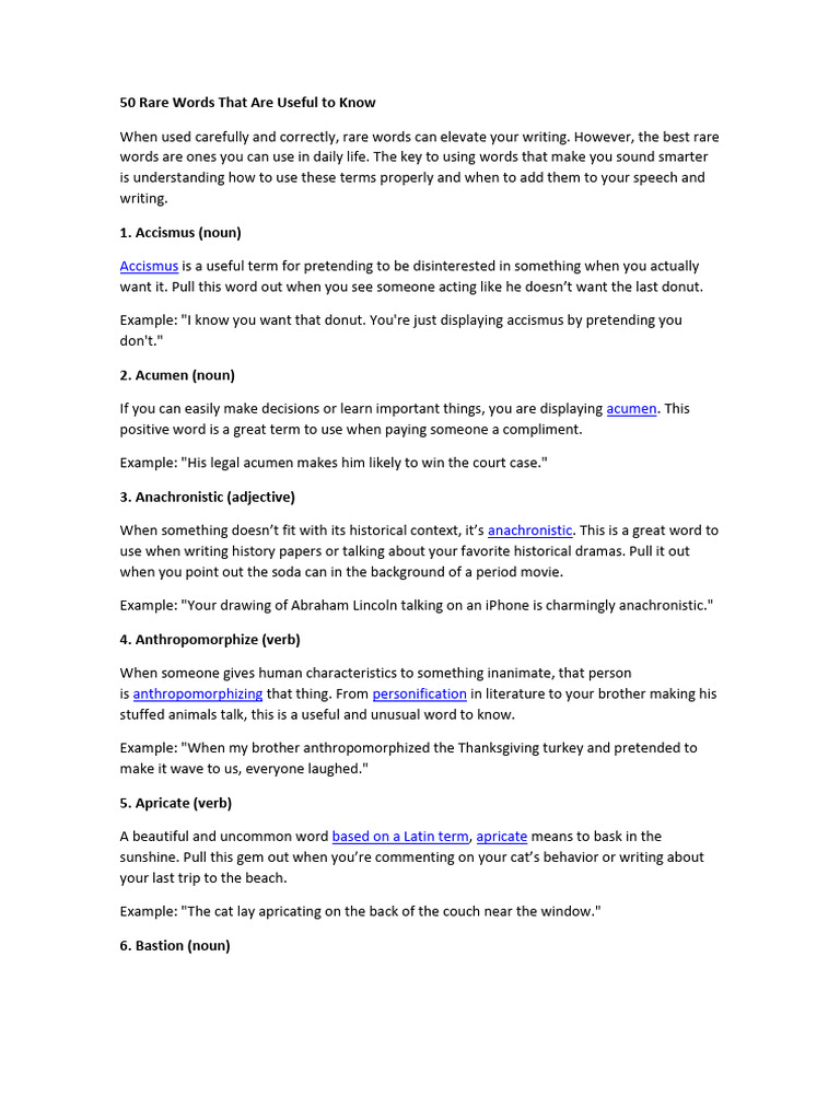 50 Useful Rare Words to Enhance Writing | PDF | Adjective | Verb