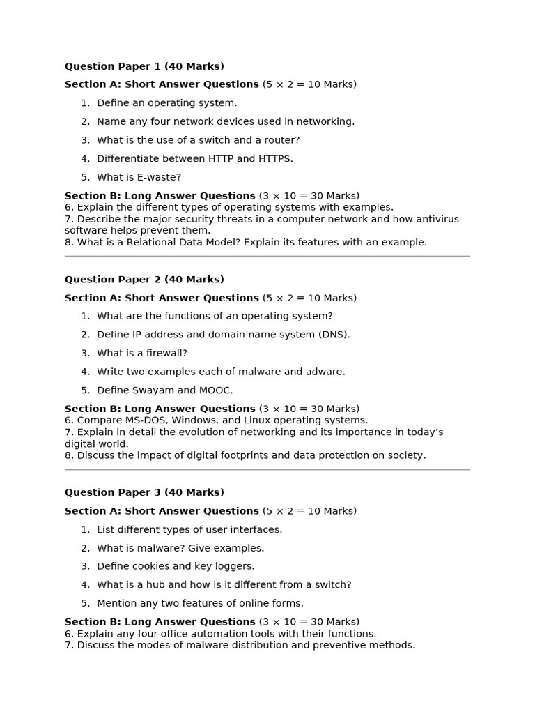 Computer Application Question Papers | PDF | Computer Network | Malware
